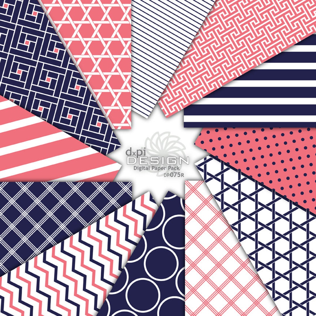 Coral & Navy Digital Paper and Printable Backgrounds Digital Scrapbook ...