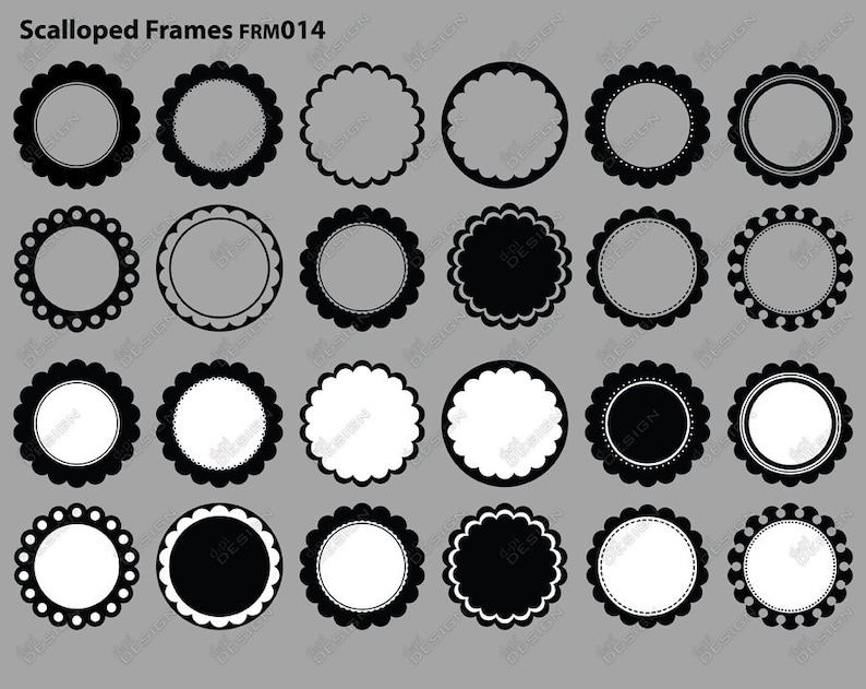 Round Scalloped Frames Digital Clip Art - Printable Circular Labels ...