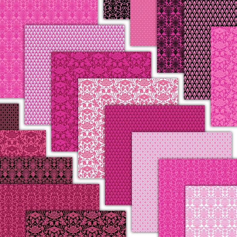 Pink Digital Paper - Damask Scrapbook Paper - Bright Pink Background ...