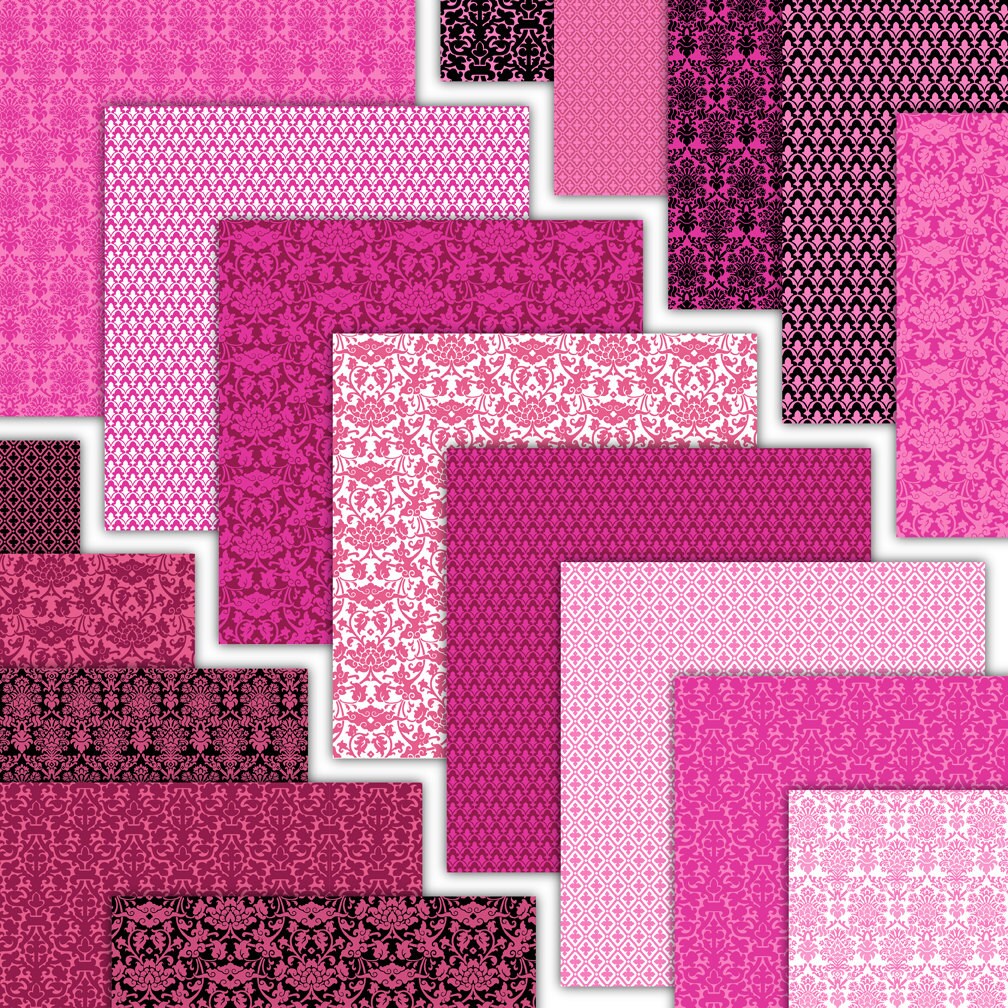 Pink Digital Paper - Damask Scrapbook Paper - Bright Pink Background ...