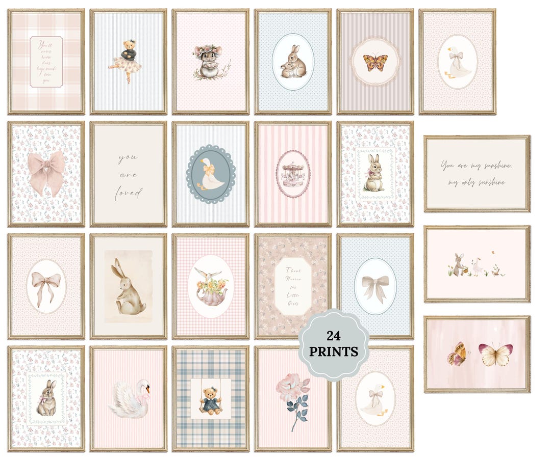 Vintage Cottagecore Nursery Wall Art Set, 24 Neutral & Pastel Blue ...