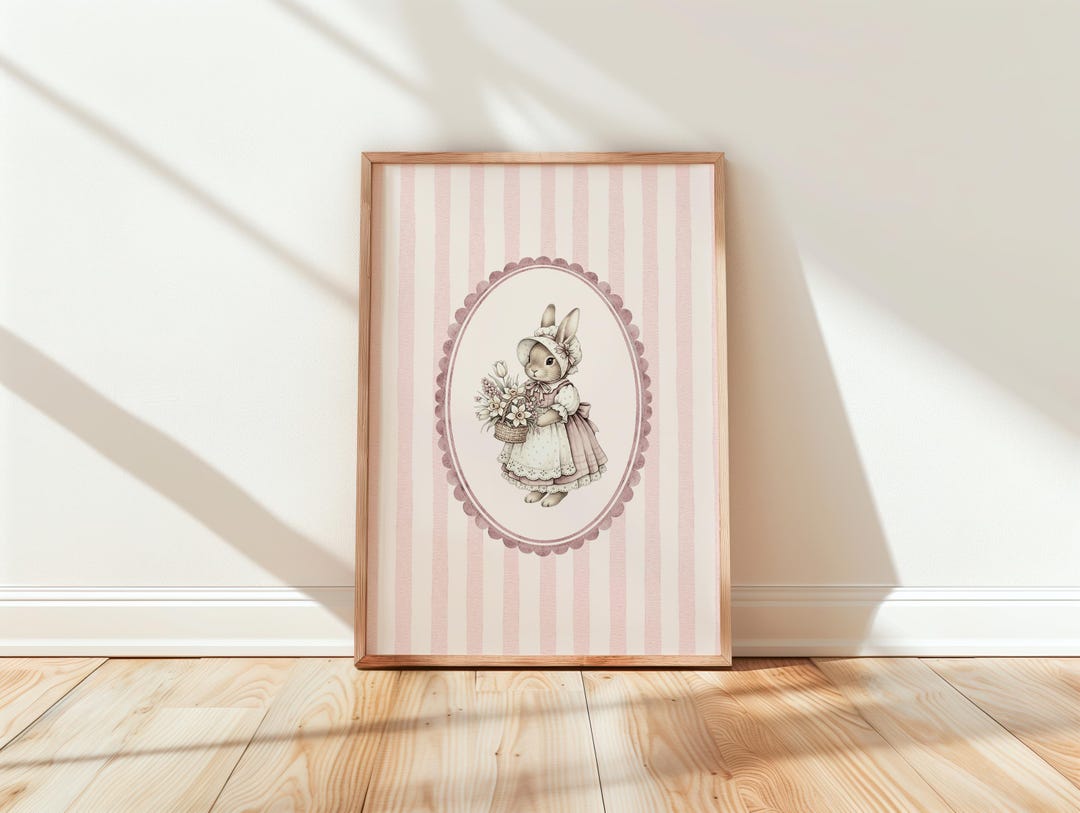 Vintage Cottagecore Bunny Art Print for Girls Nursery, Soft Pink Wall ...