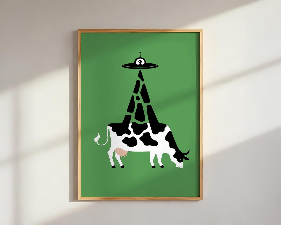Funny UFO Cow Alien Abduction Poster Quirky Sci fi Wall Art Funny UFO Cow Alien Abduction Poster Quirky Sci fi Wall Art