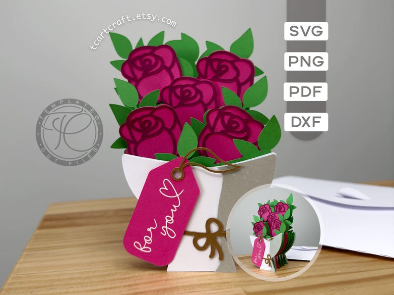 Buy Rose Bouquet Pop up Card SVG, 3D Paper Roses Flower Png, Pdf, Dxf ...