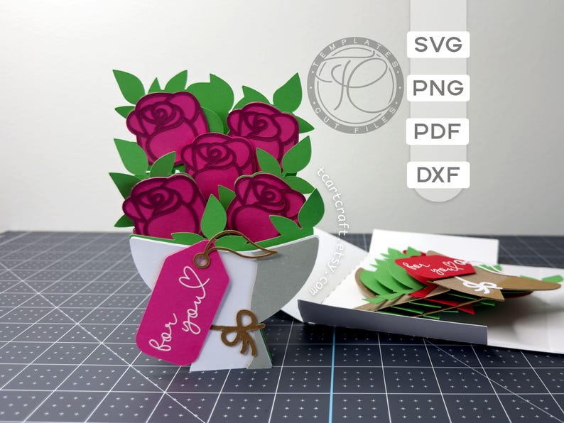 Buy Rose Bouquet Pop up Card SVG, 3D Paper Roses Flower Png, Pdf, Dxf ...