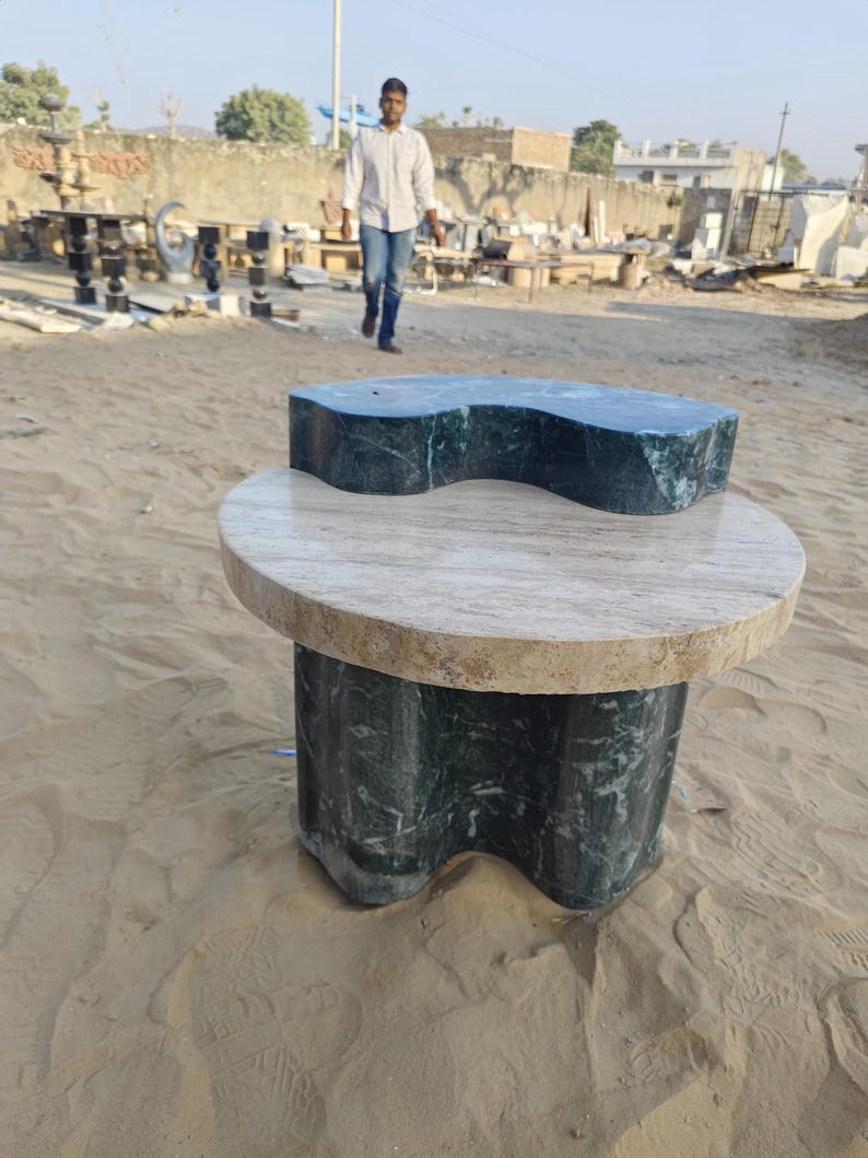Buy Luxury Dual-stone Side Table – Dark Green Forest Marble & Beige ...