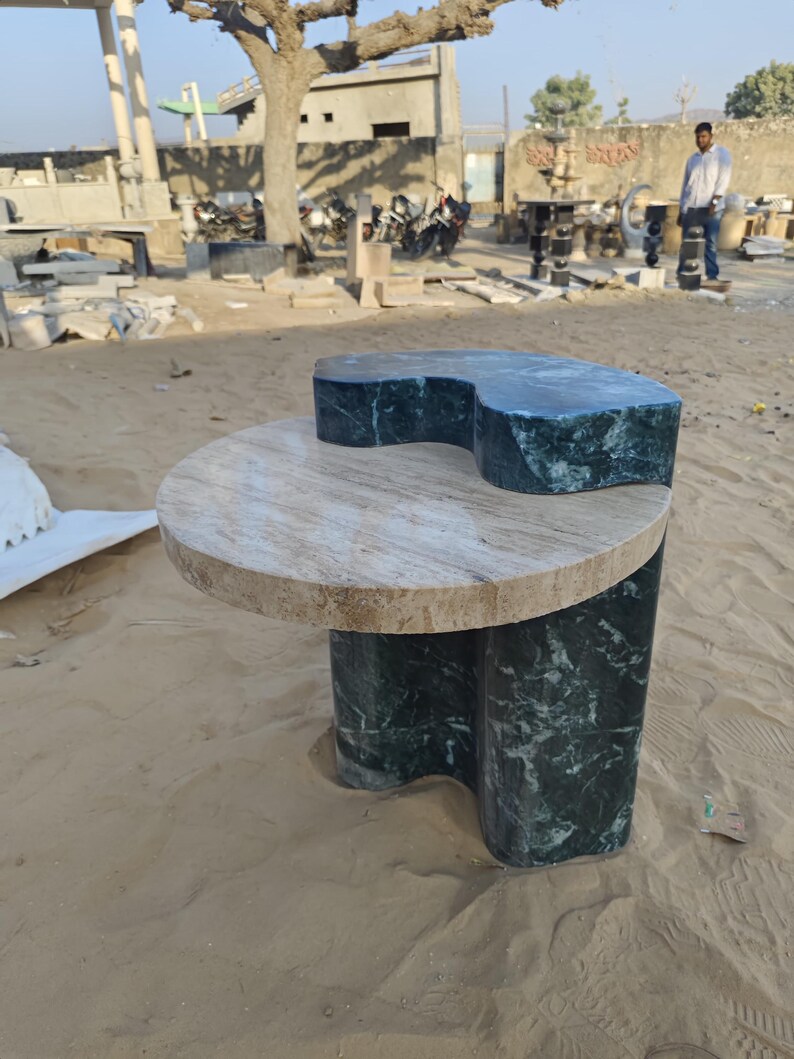Buy Luxury Dual-stone Side Table – Dark Green Forest Marble & Beige ...