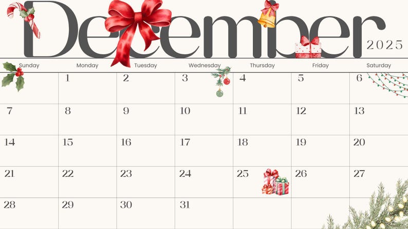 Printable December Calendar 2025 – Christmas Themed Monthly Planner ...