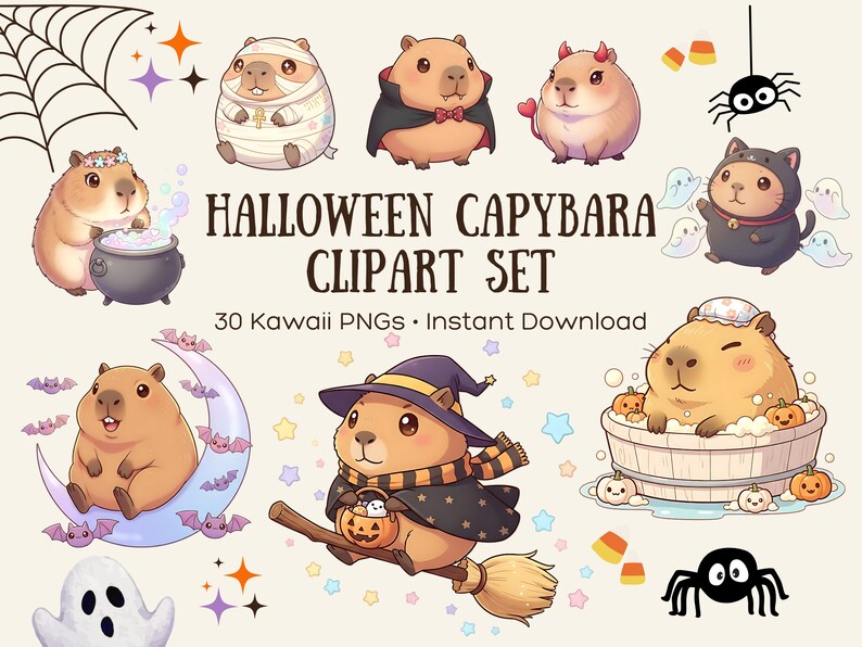 Halloween Capybara Clipart: Kawaii Animal PNG Bundle (digital Download ...