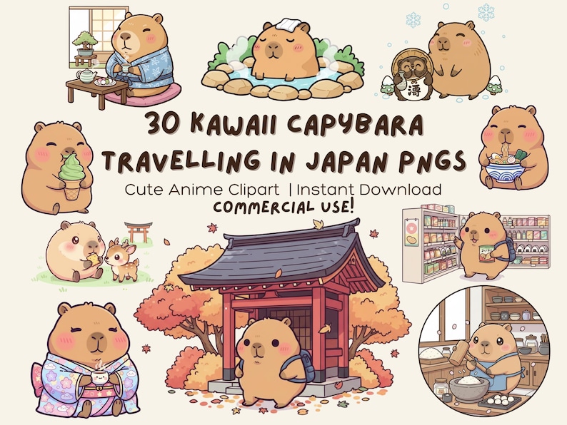 Kawaii Capybara Japan Clipart | Anime Travel Stickers (30 PNG) - Etsy