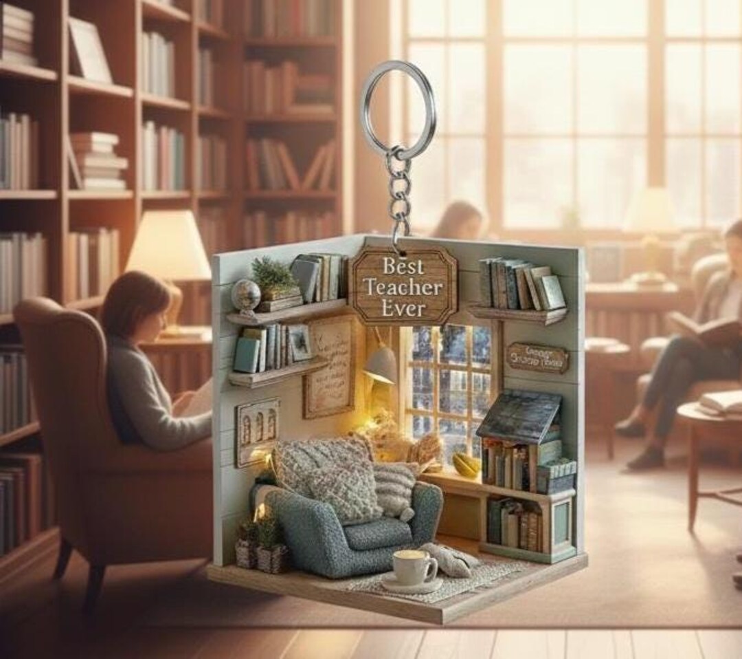 2D Flat Reading Nook Keychain, Cozy Book Corner Keychain, Personalized ...