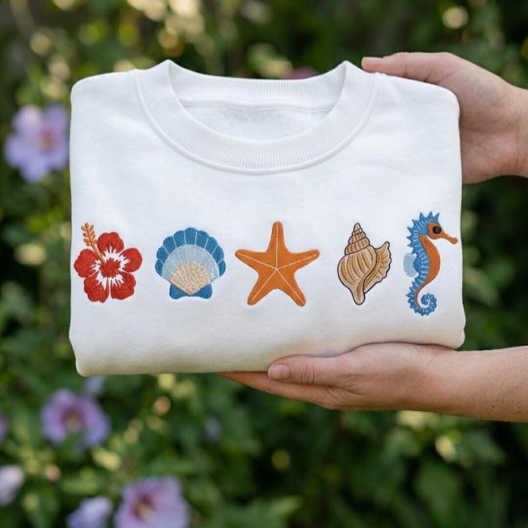 Beach Embroidery Design Set, Hibiscus Seashell Starfish Seahorse ...
