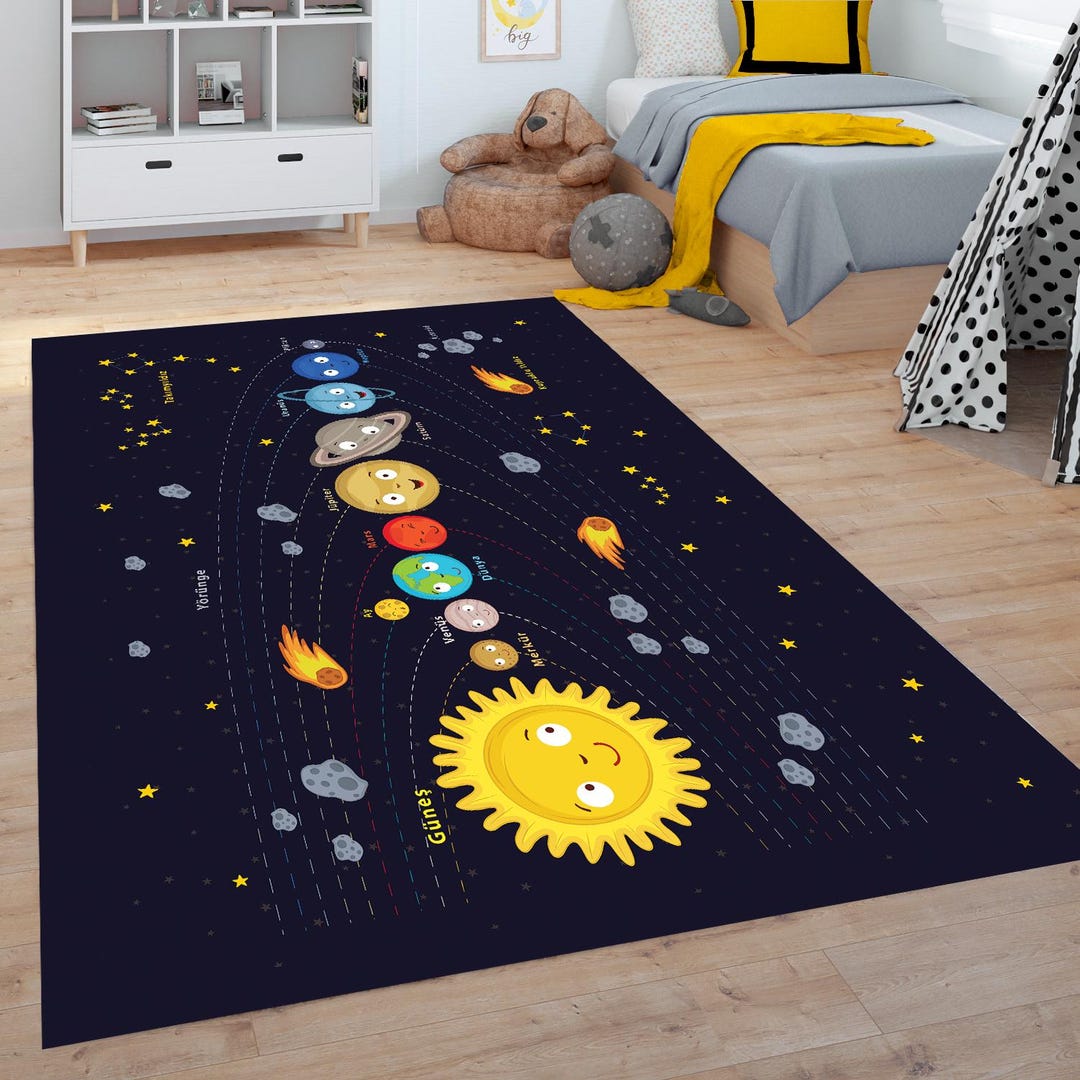 Solar System Kids Rug – Planetary Patterned Cotton Play Mat- Nursery ...