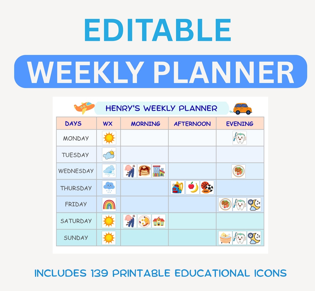 Editable Weekly Planner With Fun Icons – Montessori Style - Editable ...