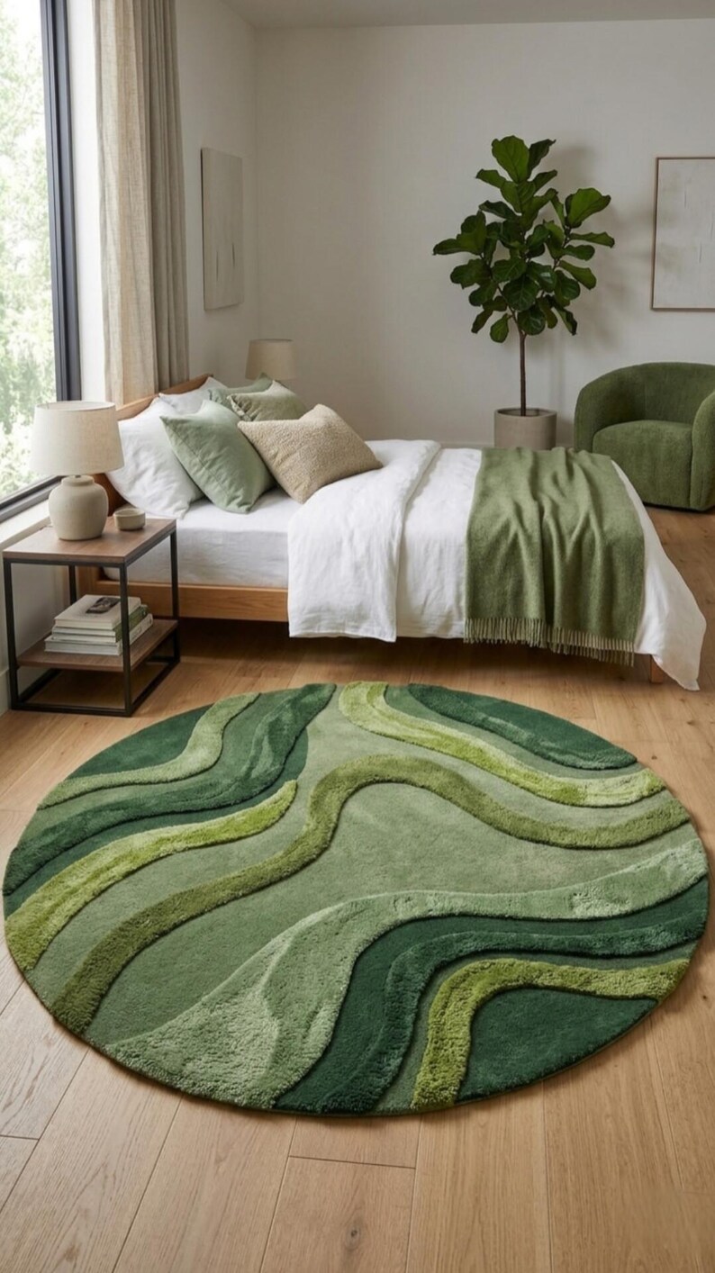 Hand-tufted Wool Abstract Green Round Rug, Nature Inspired Wavy Carpet ...