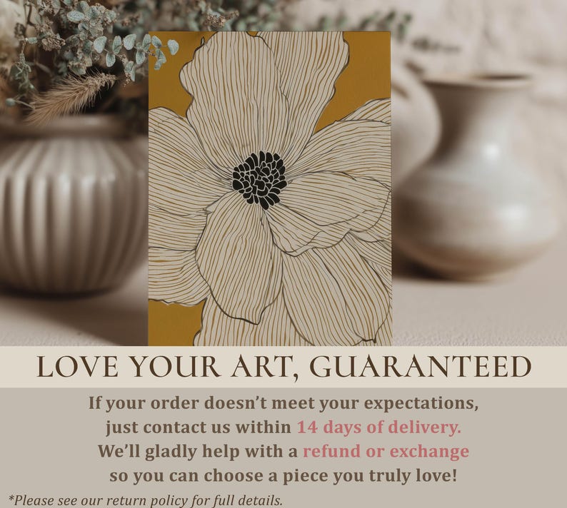 Abstract Line Art Flower on Mustard Poster, Mid-century Modern Black ...