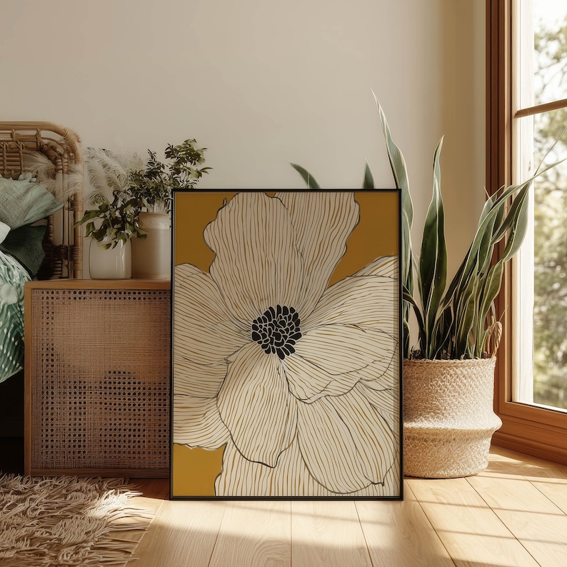 Abstract Line Art Flower on Mustard Poster, Mid-century Modern Black ...