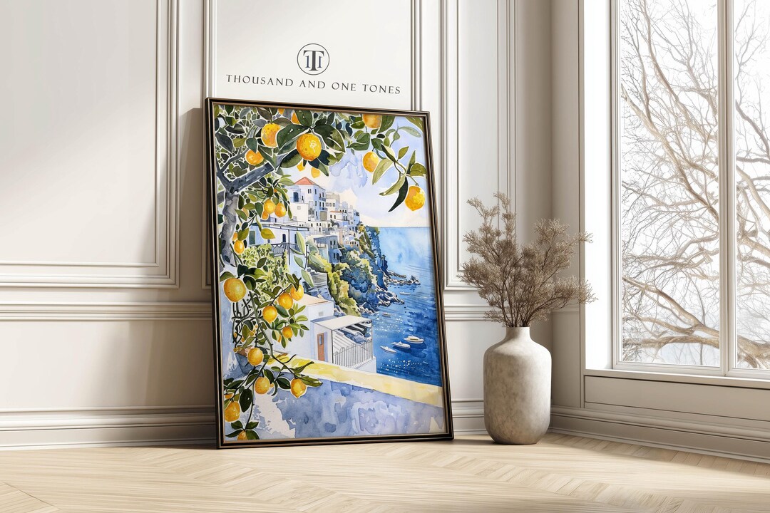 Mediterranean Coastal Lemon Tree Art Print Blue Yellow Seaside Painting ...