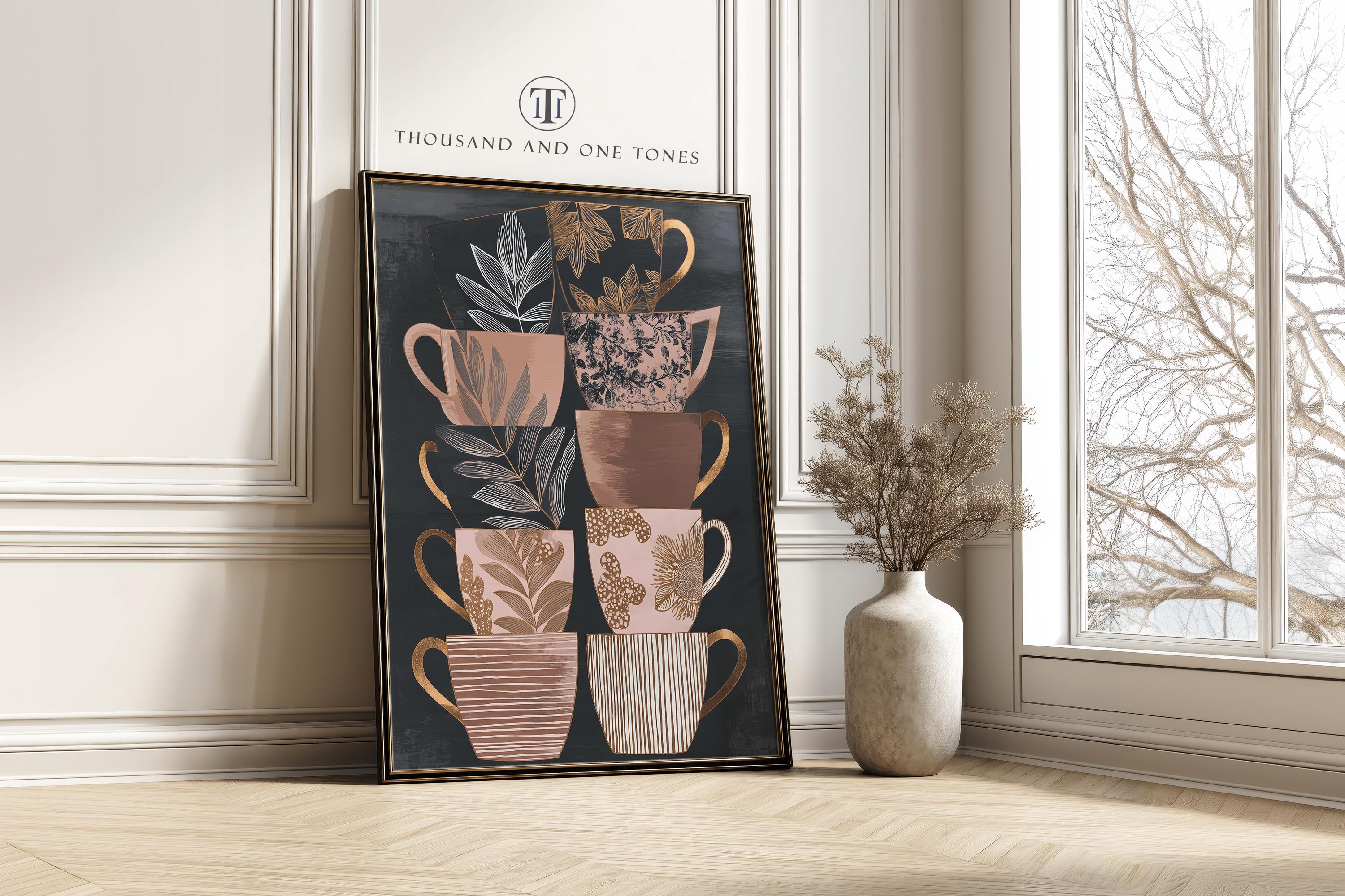 Modern Stacked Coffee Mugs Art Print Botanical Patterned Tea Cups ...