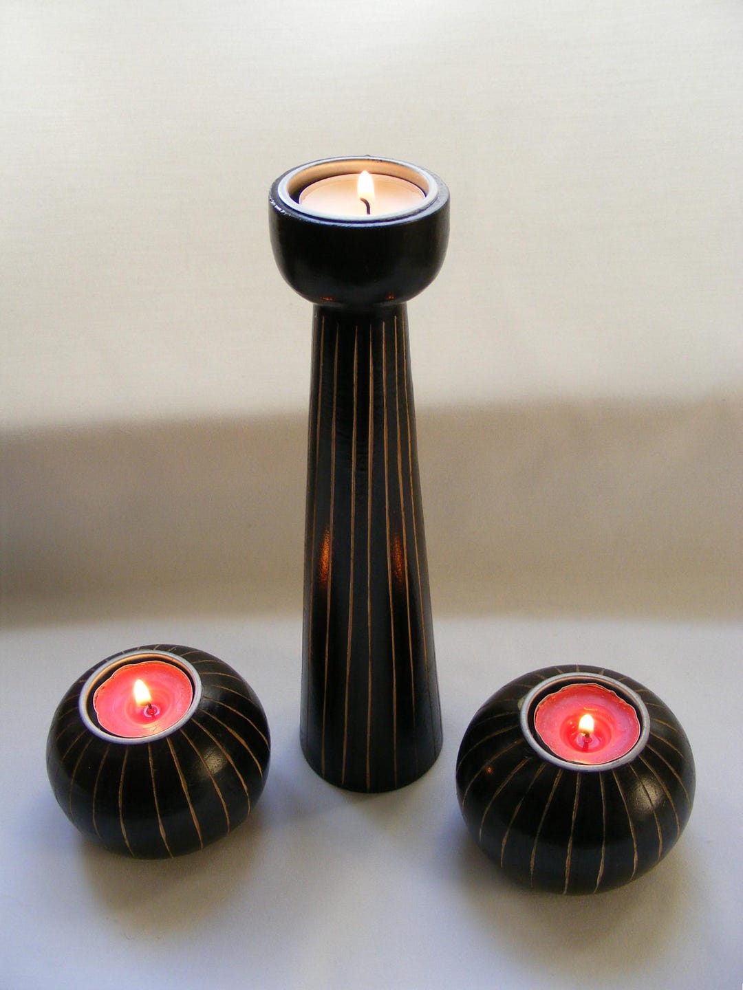 Vintage German Wooden Tea Light Holders - Dark Brown Lacquer, Set of 3 ...