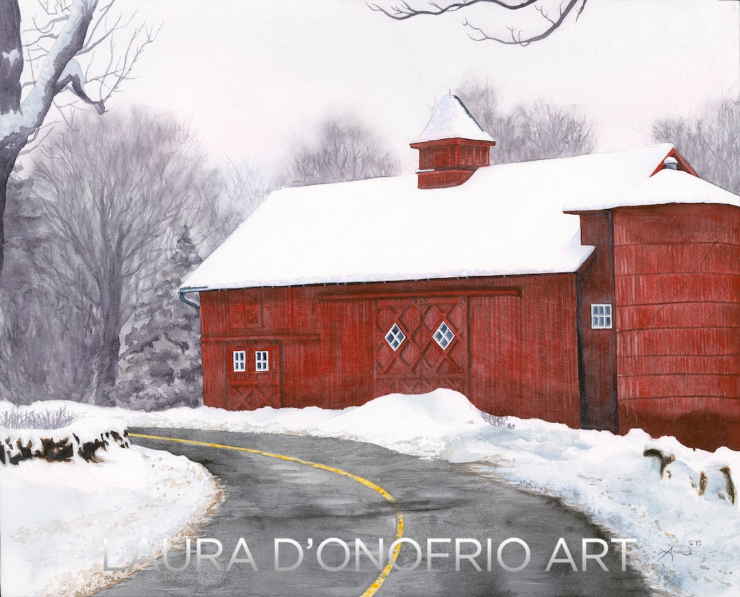 Red Barn in Connecticut, "winter Red," Watercolor Giclee Print ...