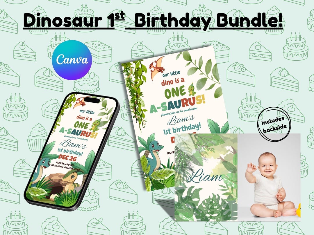 Dinosaur 1st Birthday Invitation – Jungle Green Canva Template (digital ...