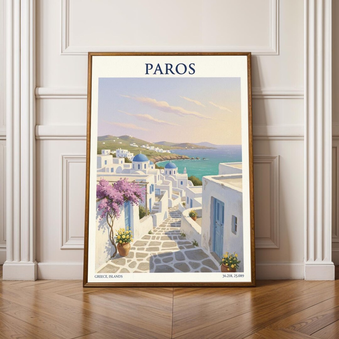 Paros Travel Poster – Greek Island Scene With Bougainvillea and Sea - Etsy