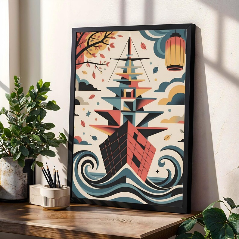 Ocean Waves Poster – Futurist Surreal Print With Lantern Mist, Unique ...