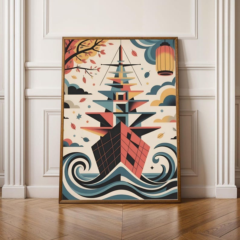 Ocean Waves Poster – Futurist Surreal Print With Lantern Mist, Unique ...