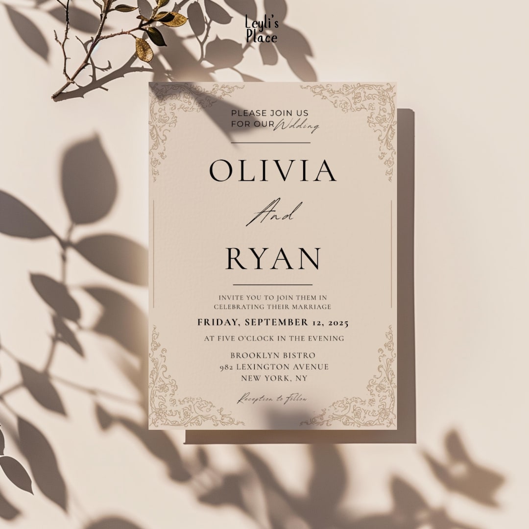 Vintage Wedding Invitation Template, Elegant Gold Frame, Editable Canva ...
