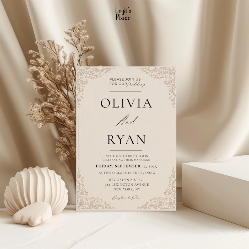 Vintage Wedding Invitation Template, Elegant Gold Frame, Editable Canva ...