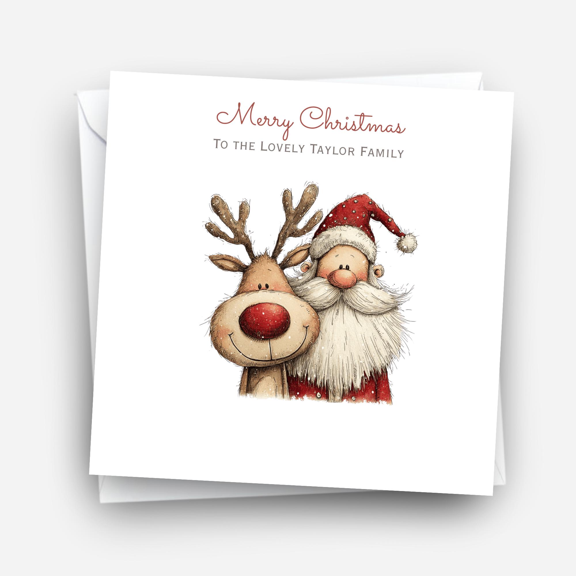 Santa and Reindeer Christmas Card, Custom Name Festive Holiday Card ...