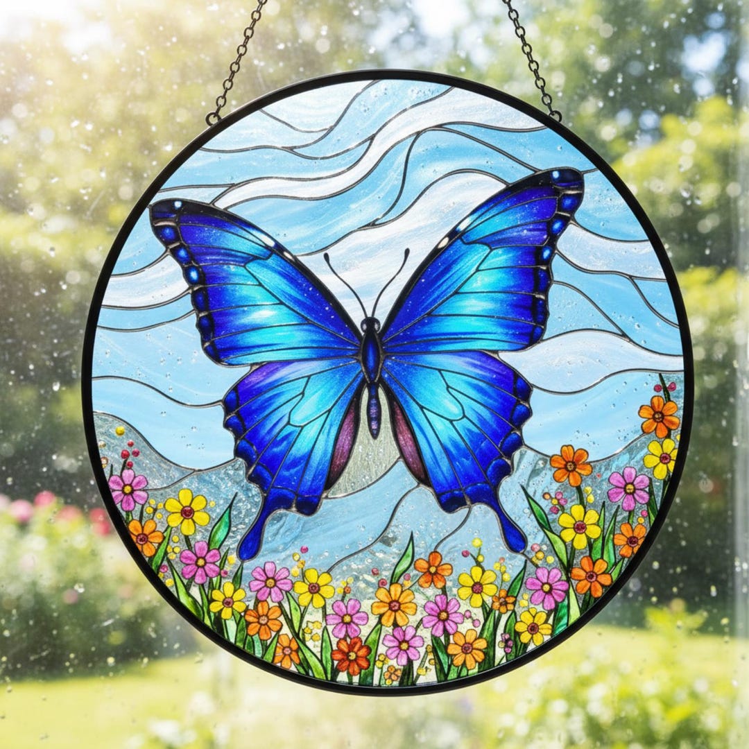 Blue Butterfly Stained Glass Suncatcher, Wildflower Garden Window ...