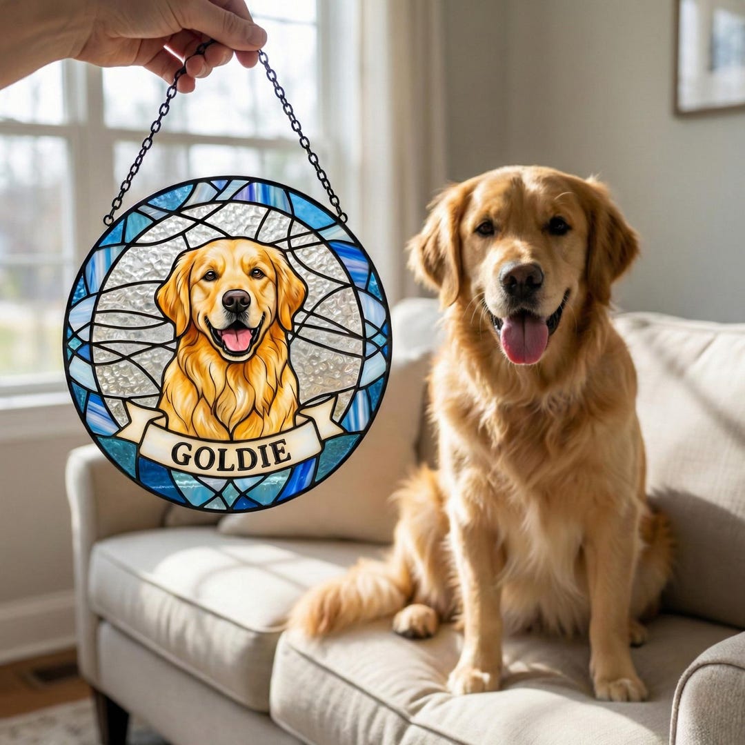 Personalized Stained Glass Dog Portrait Suncatcher, Custom Pet Memorial ...