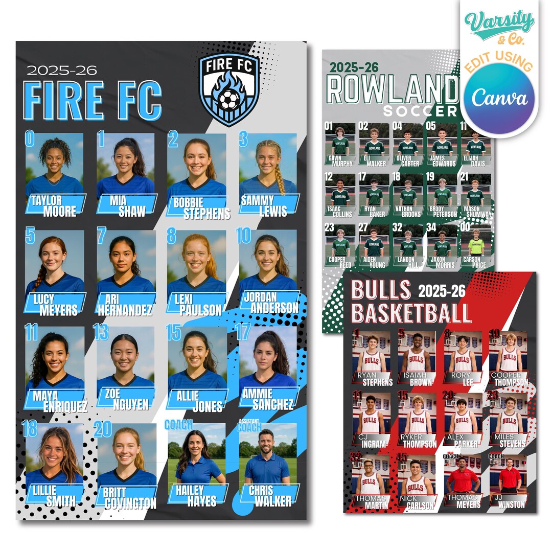 Team Roster Template Canva Editable | Sports Team Roster Poster | Coach ...