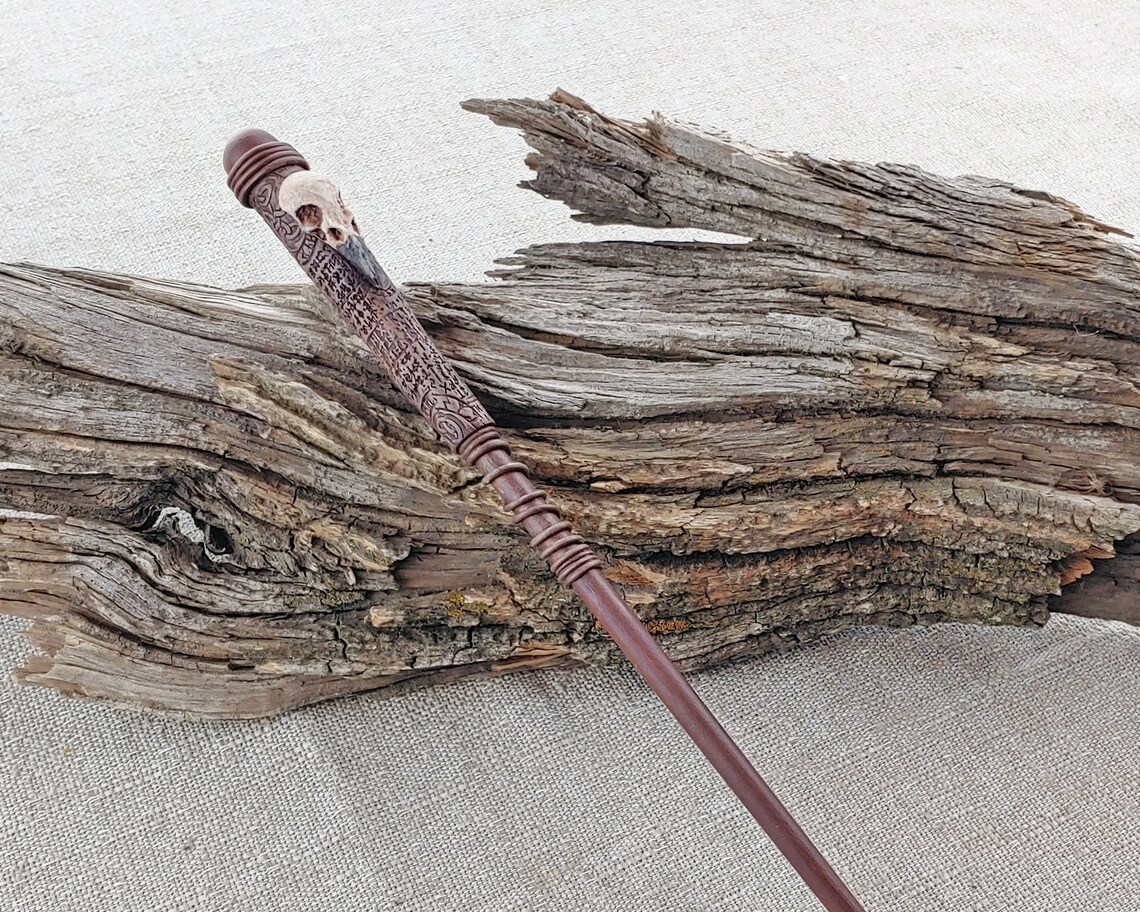 Runic Raven Skull Wizard Wand Wood Magic Wand Fantasy Wand - Etsy