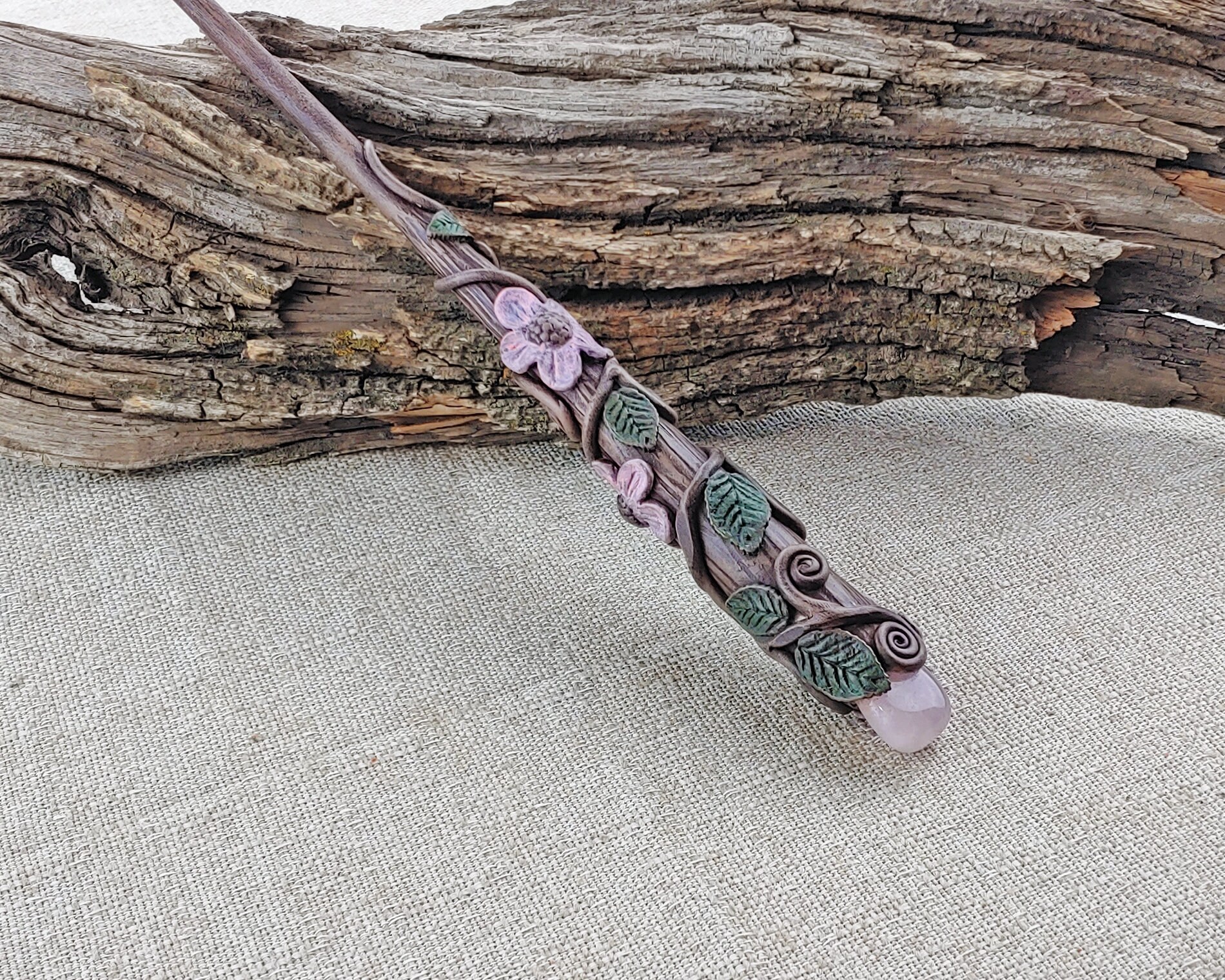 Rose Quartz Floral Wizard Wand: Handcrafted Wood Fantasy Wand - Etsy