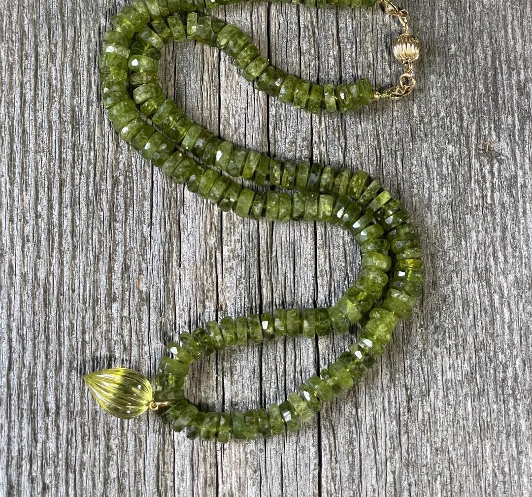 Hand Knotted Peridot Necklace: Carved Lemon Quartz Pendant, 14k Gold ...