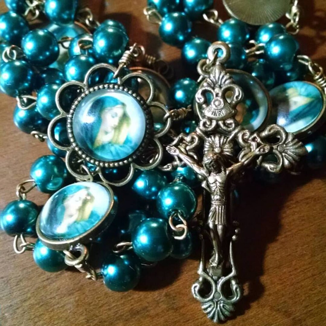 Our Lady of Sorrows Bronze Rosary With Teal Glass Pearl Beads Handmade ...