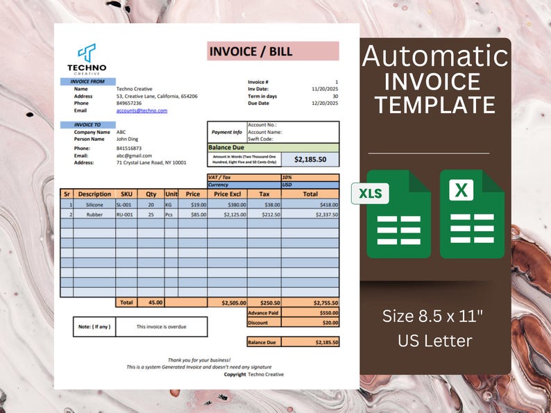 Invoice Template US Letter 8.5"x11" Automated Excel & Google Sheets ...