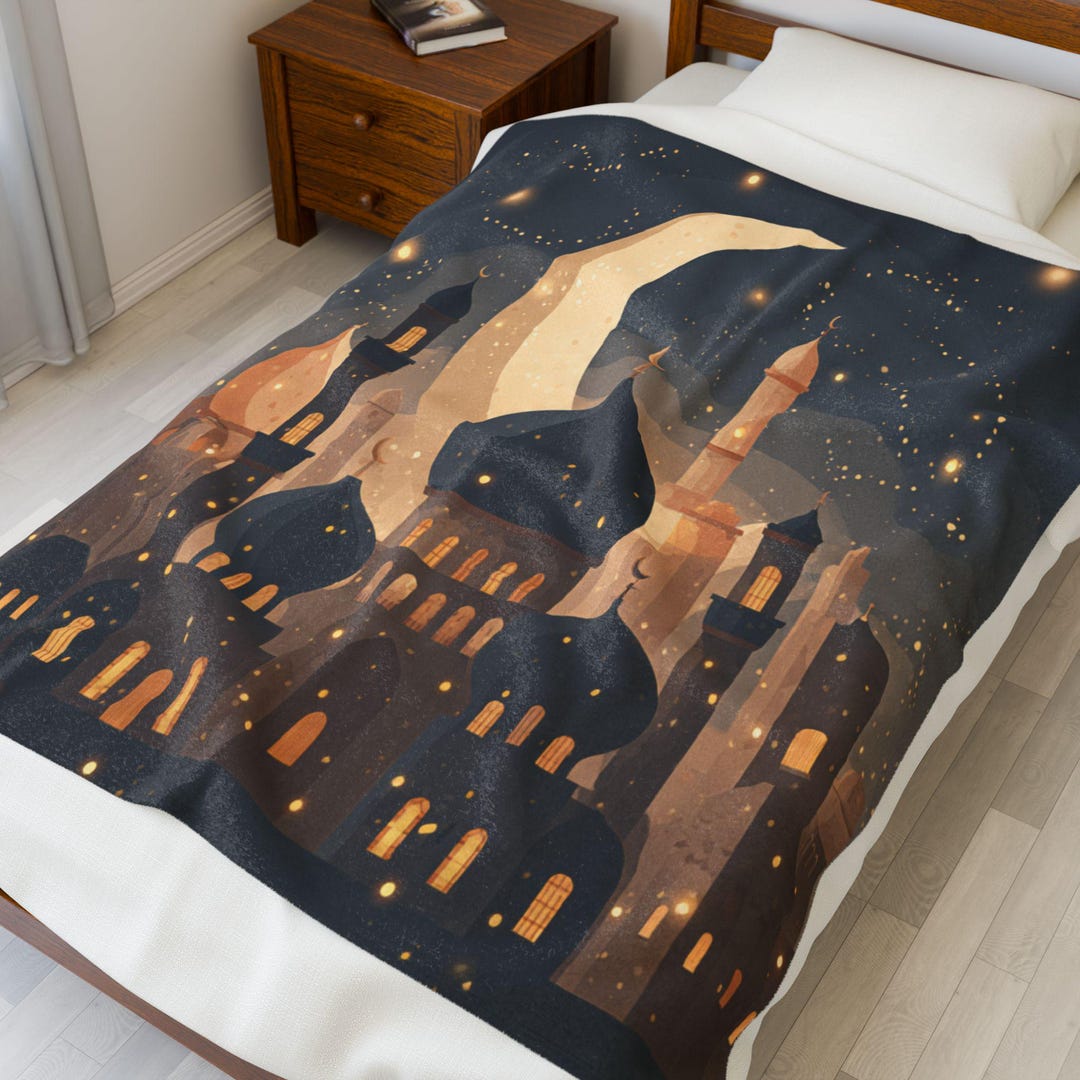 Crescent Moon Mosque Illustration Velveteen Plush Blanket | Ramadan ...