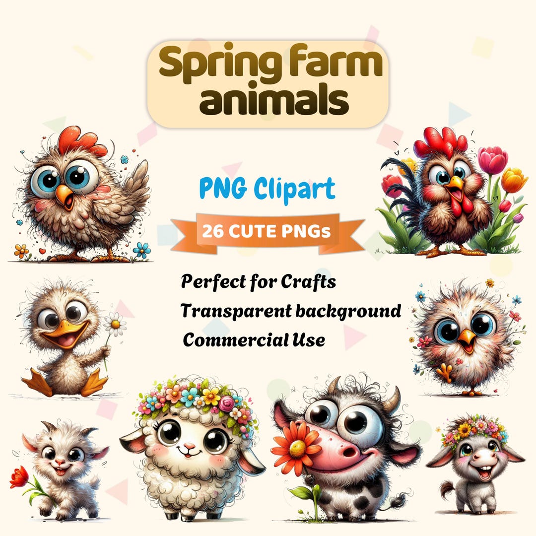 Spring Farm Animals Clipart Bundle, Watercolor Farm Animal PNG, Floral ...