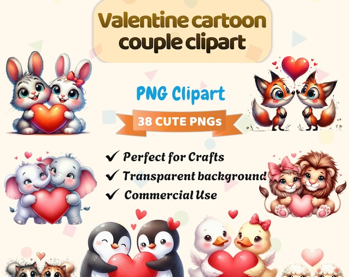 Whimsical Valentine Animal Couple PNG Set: Romantic Watercolor Love ...