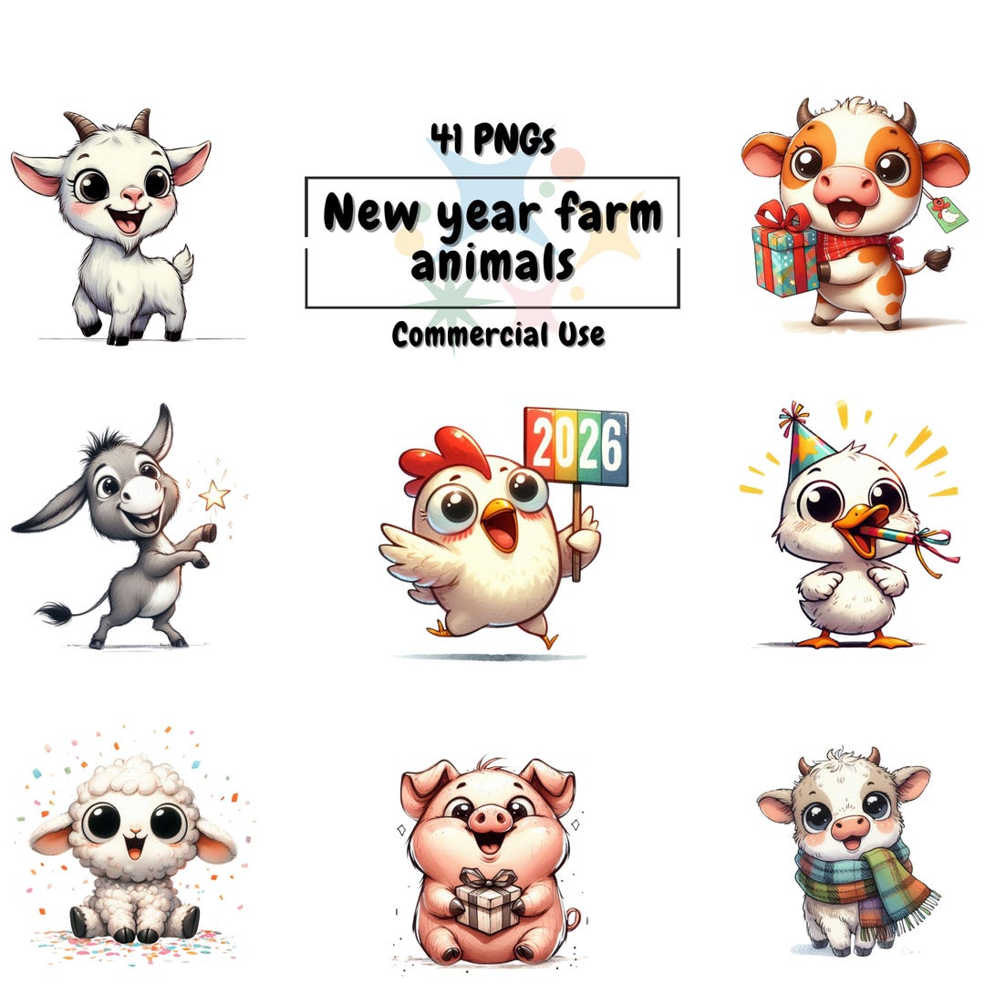 New Year Farm Animals Clipart | Farm Animal PNG Bundle | Watercolor ...