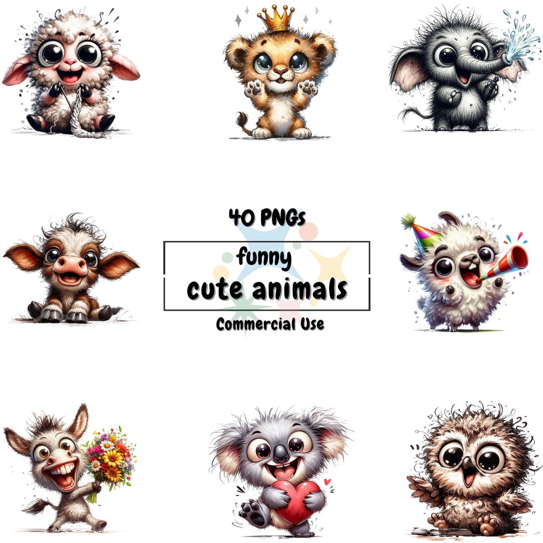 Cute Animals Clipart | Funny Animal PNG Bundle | Commercial Use | - Etsy