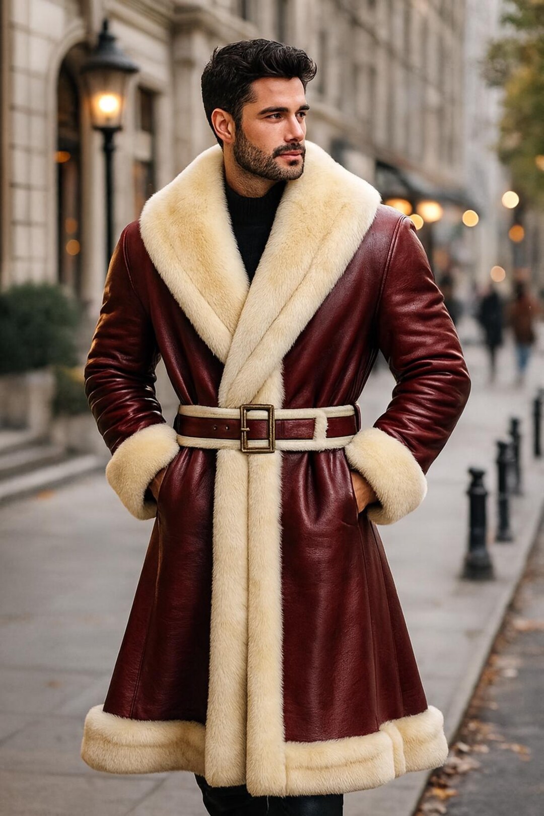 Men’s Premium Leather Christmas Coat – Burgundy Shearling Fur – Luxury ...