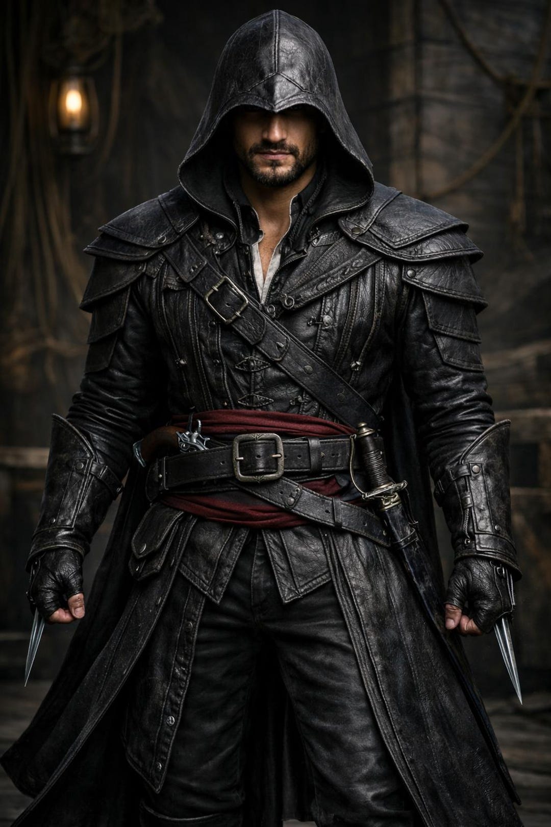 Mens Hooded Black Leather Assassin Costume | Handmade Real Leather Long ...