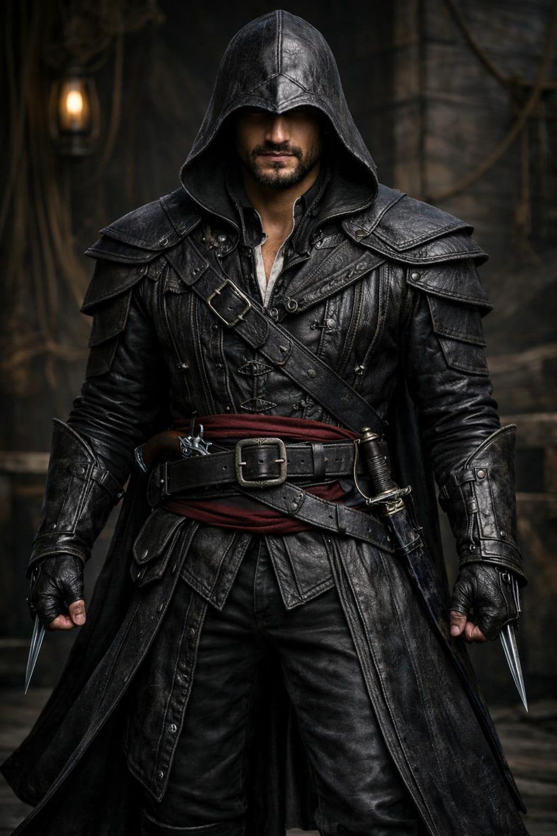 Mens Hooded Black Leather Assassin Costume | Handmade Real Leather Long ...