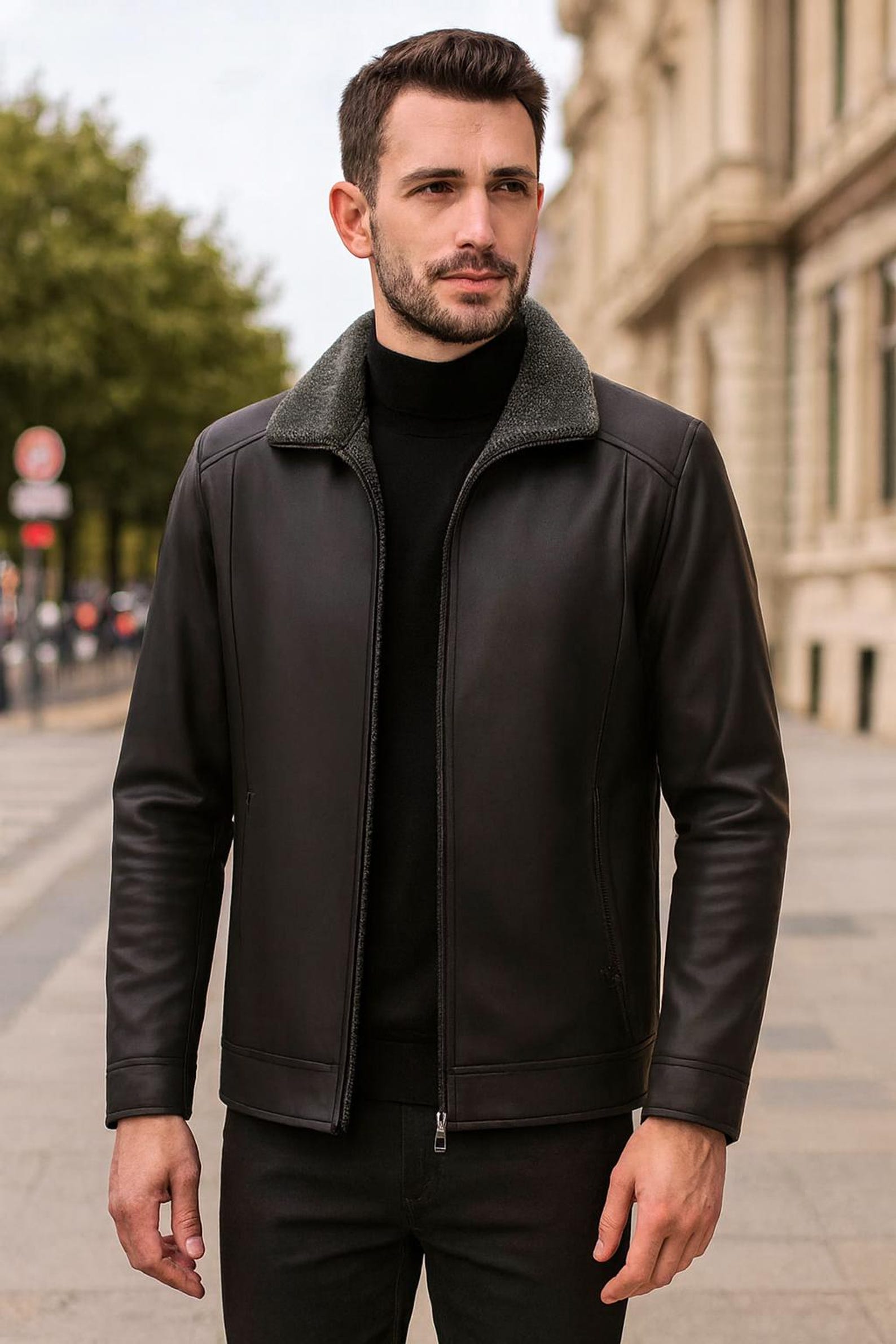 Men’s Black Real Leather Shearling Collar Jacket – Premium Soft Leather ...