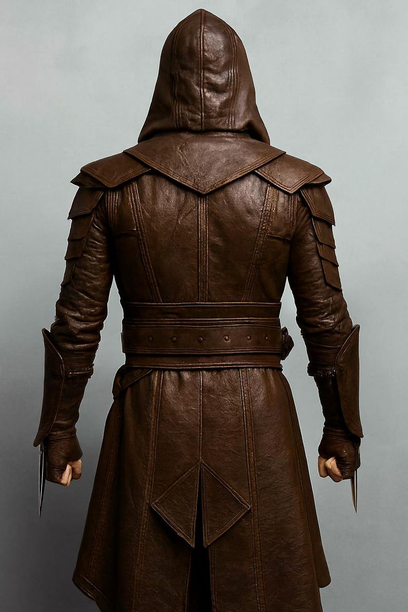 Men's Assassin Leather Costume | Full Genuine Leather Hooded Armor Coat ...